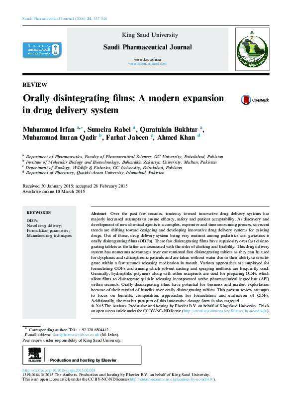 (PDF) Orally disintegrating films: A modern expansion in drug delivery system