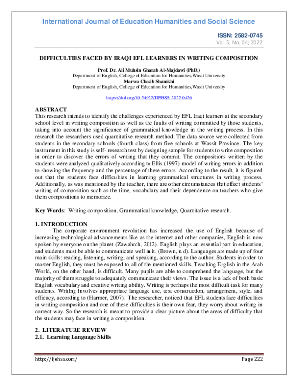 (PDF) Difficulties Faced by Iraqi Efl Learners in Writing Composition