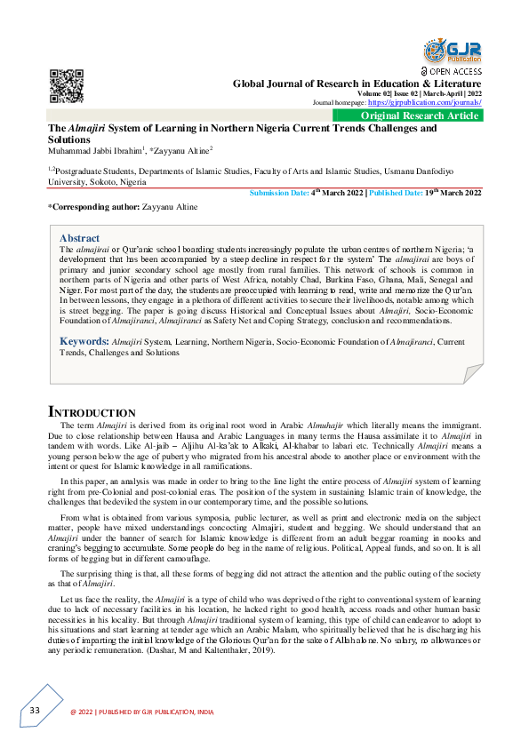 (PDF) The Almajiri System of Learning in Northern Nigeria Current ...