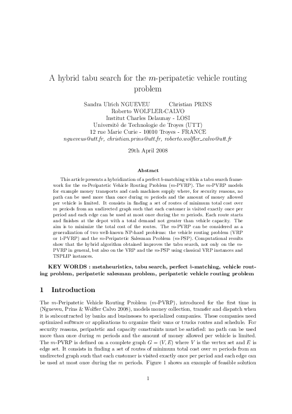 Pdf A Hybrid Tabu Search For The M Peripatetic Vehicle Routing Problem