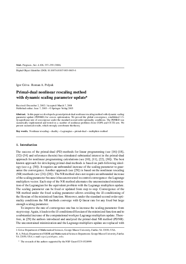 Pdf Primal Dual Nonlinear Rescaling Method With Dynamic Scaling Parameter Update Igor Griva