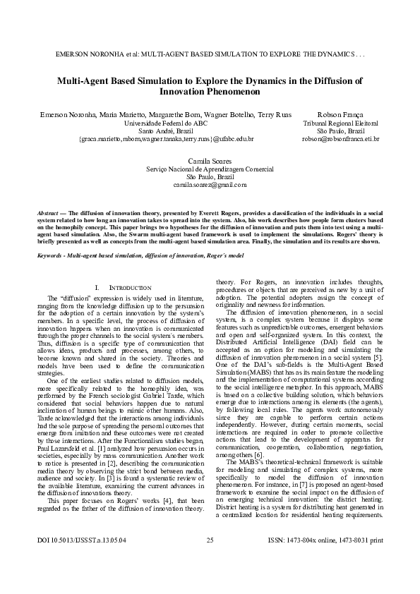 (PDF) Multi-Agent Based Simulation to Explore the Dynamics in the Diffusion of Innovation Phenomenon