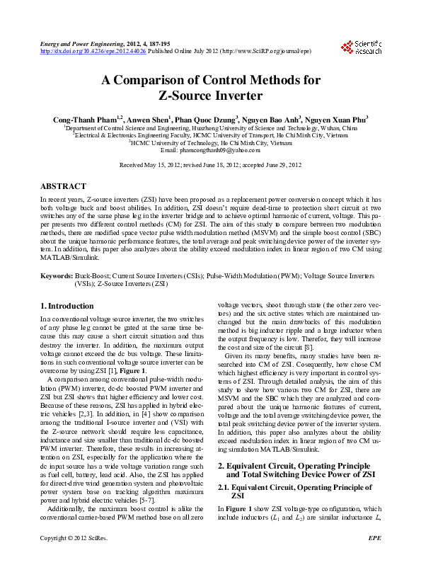 Pdf A Comparison Of Control Methods For Z Source Inverter