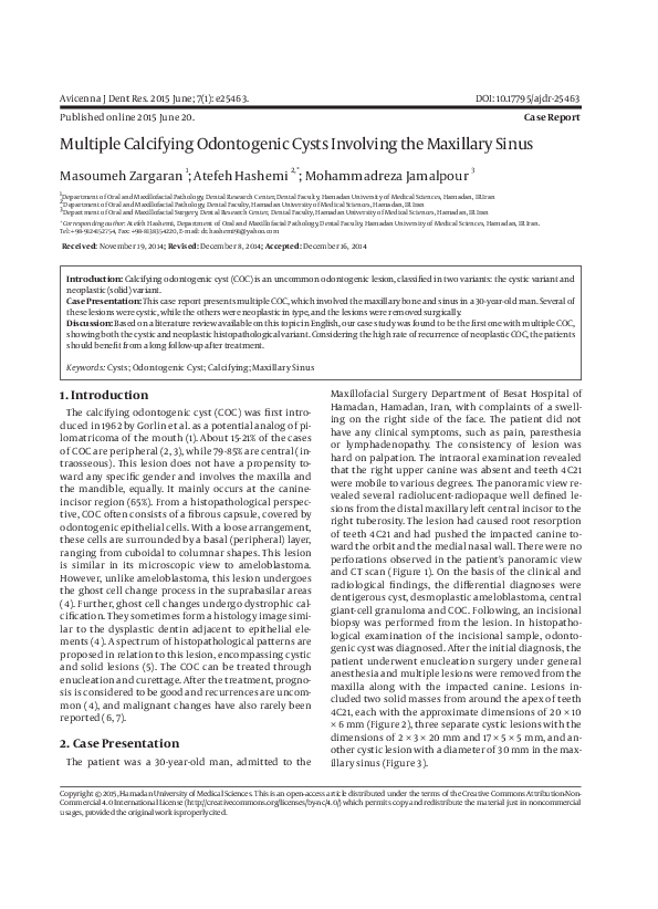 Pdf Multiple Calcifying Odontogenic Cysts Involving The Maxillary Sinus
