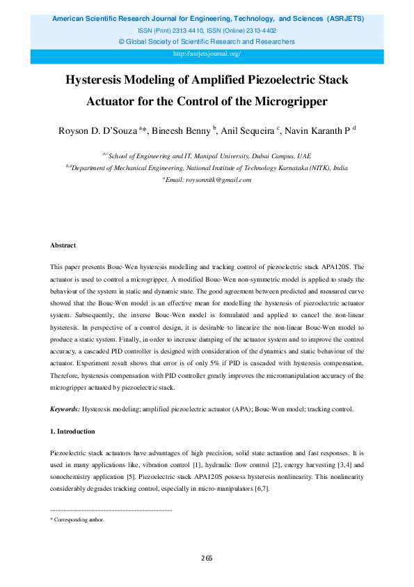 (PDF) Hysteresis Modeling of Amplified Piezoelectric Stack Actuator for the Control of the ...