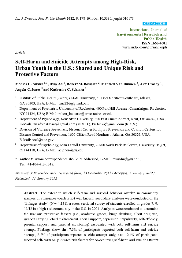 (PDF) Self-Harm and Suicide Attempts among High-Risk, Urban Youth in ...