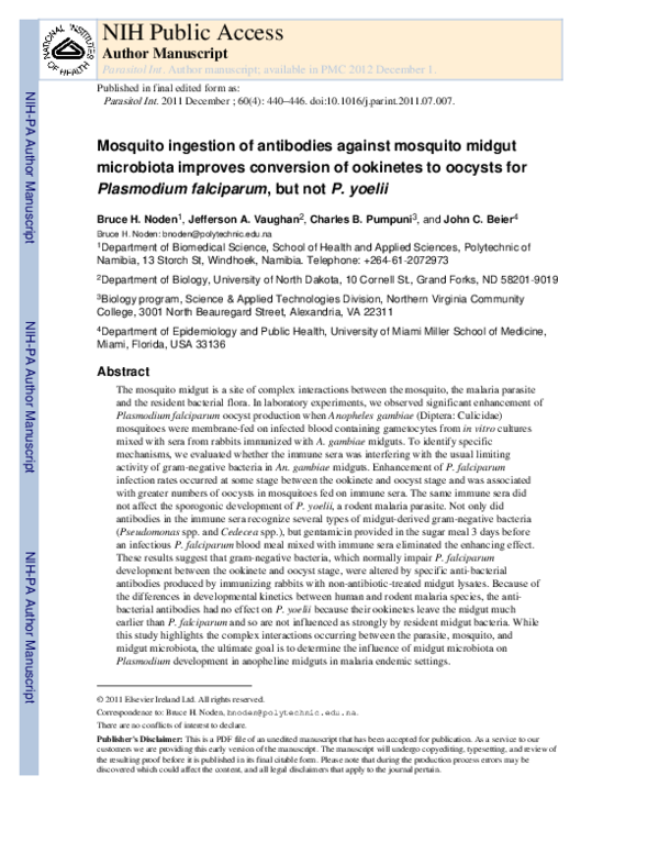 (PDF) Mosquito ingestion of antibodies against mosquito midgut microbiota improves conversion of ...