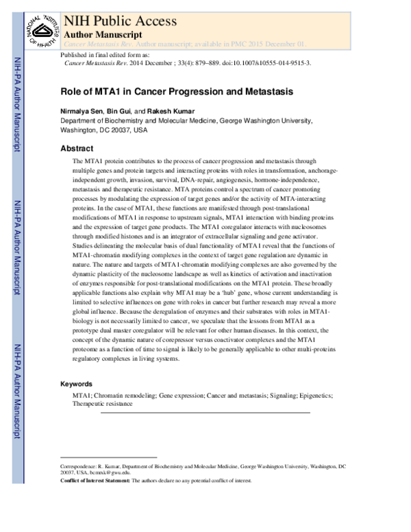 (PDF) Role of MTA1 in cancer progression and metastasis