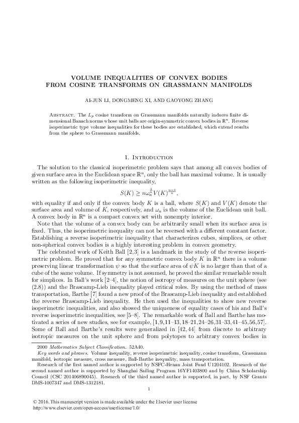 (PDF) Volume inequalities of convex bodies from cosine transforms on Grassmann manifolds ...