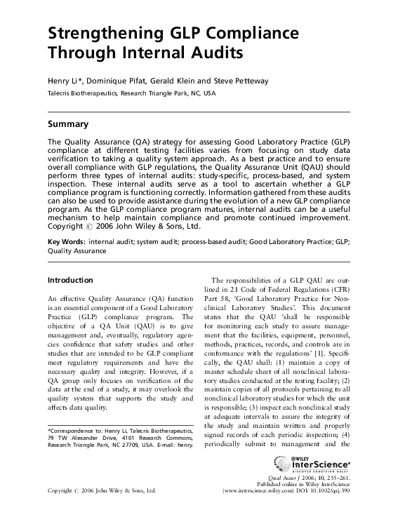 (PDF) Strengthening GLP compliance through internal audits