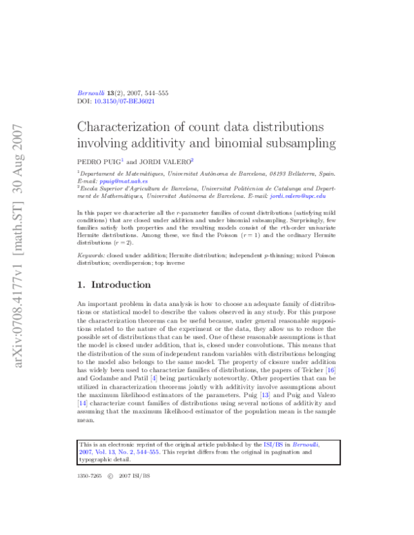 (PDF) Characterization of count data distributions involving additivity and binomial subsampling