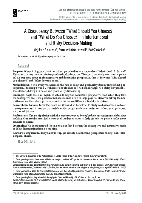 (PDF) A Discrepancy Between “What Should You Choose?” and “What Do You Choose?” in Intertemporal ...