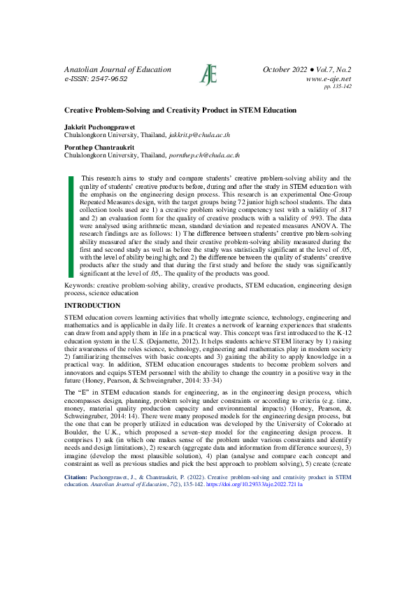 (PDF) Creative Problem-Solving and Creativity Product in STEM Education