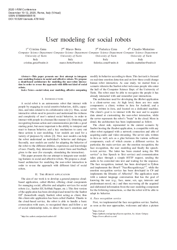 (PDF) User modeling for social robots