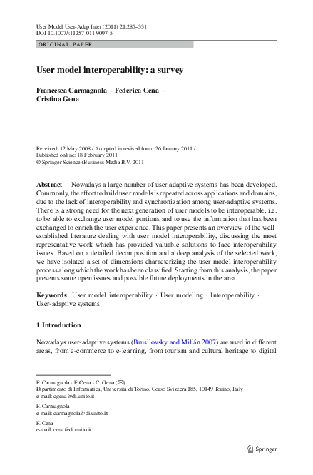 (PDF) User model interoperability: a survey