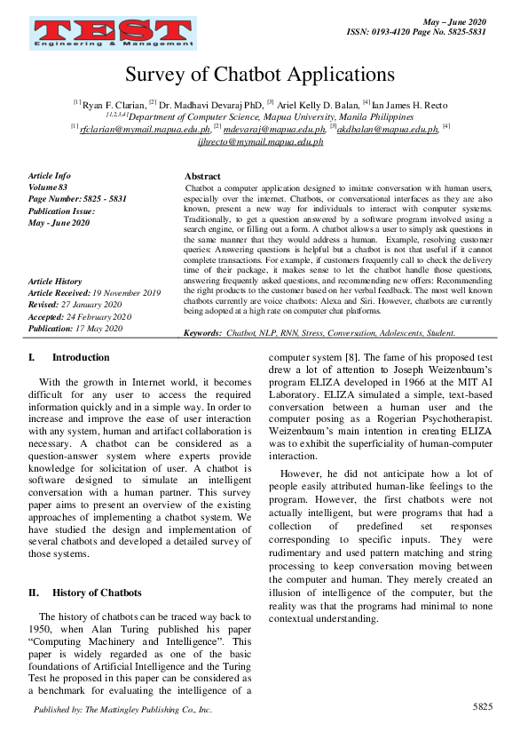 (PDF) Survey of Chatbot Applications