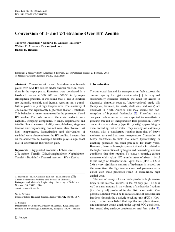 (PDF) Conversion of 1- and 2-Tetralone Over HY Zeolite