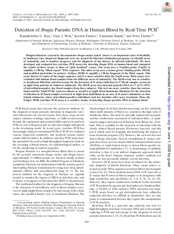(PDF) Detection of Brugia Parasite DNA in Human Blood by Real-Time PCR