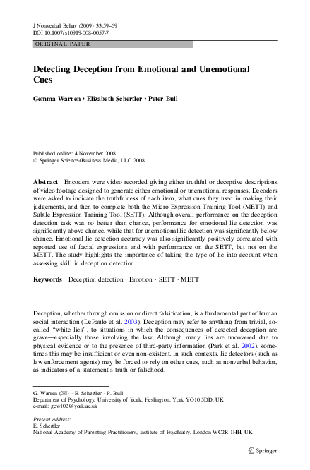 (PDF) Detecting Deception from Emotional and Unemotional Cues