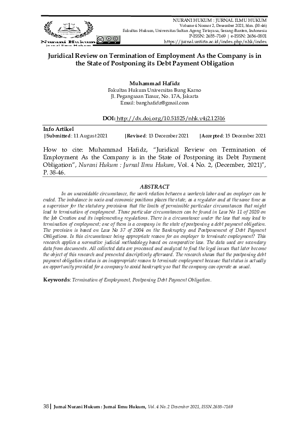 (PDF) Juridical Review on Termination of Employment As the Company is ...