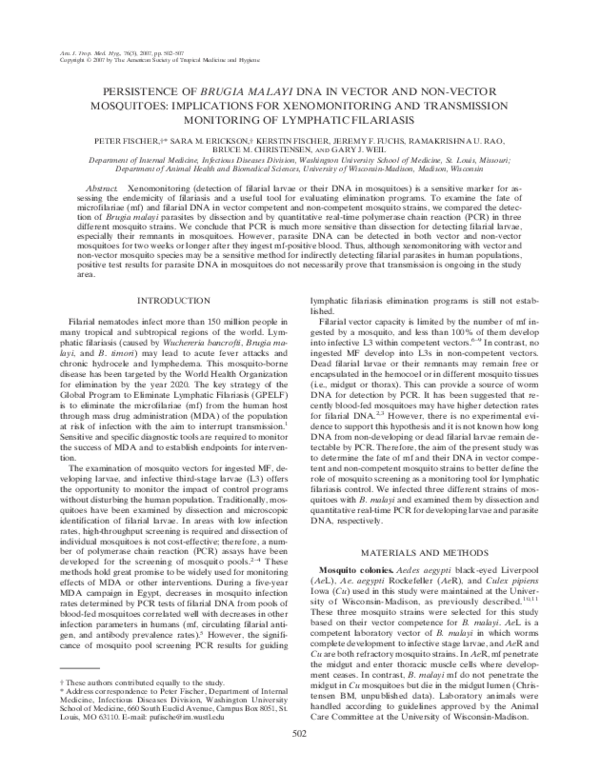 (PDF) Persistence of Brugia Malayi Dna in Vector and Non-Vector ...