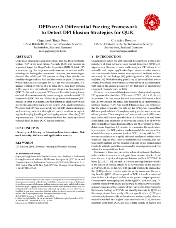 Pdf Dpifuzz A Differential Fuzzing Framework To Detect Dpi Elusion Strategies For Quic