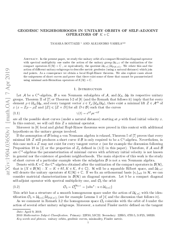 (PDF) Geodesic neighborhoods in unitary orbits of self-adjoint operators of K+C