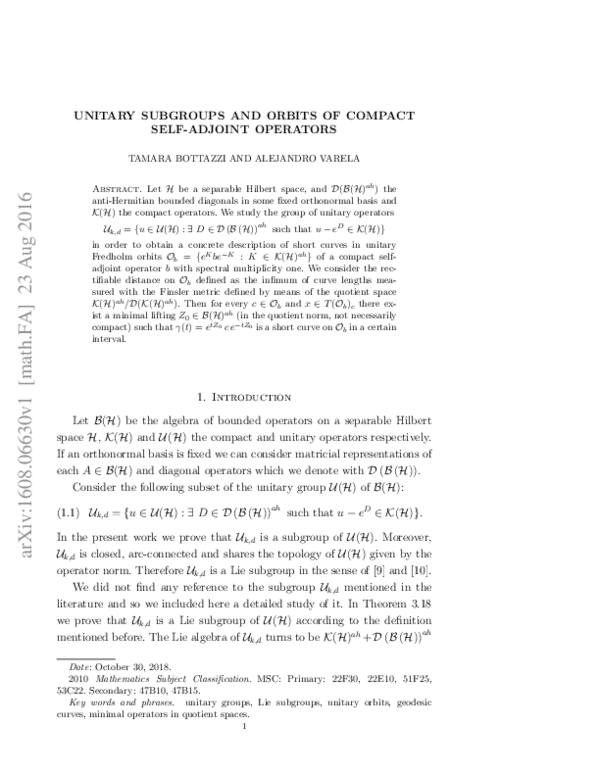 Pdf Unitary Subgroups And Orbits Of Compact Self Adjoint Operators