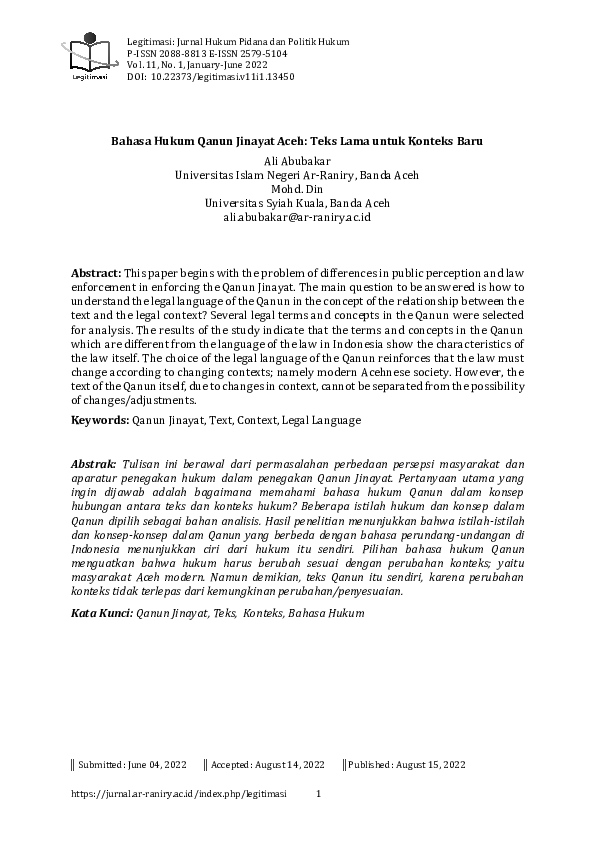 (PDF) Bahasa Hukum Qanun Jinayat Aceh: Teks Lama untuk Konteks Baru