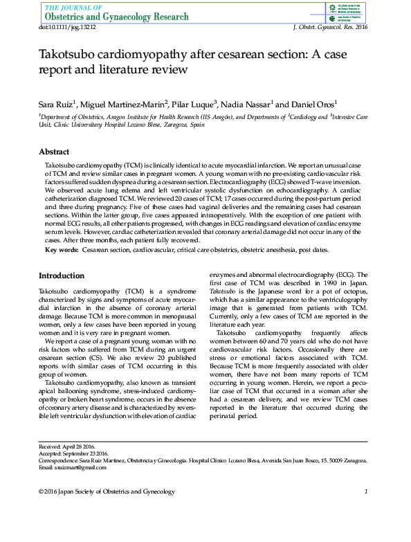 (PDF) Takotsubo cardiomyopathy after cesarean section: A case report and literature review