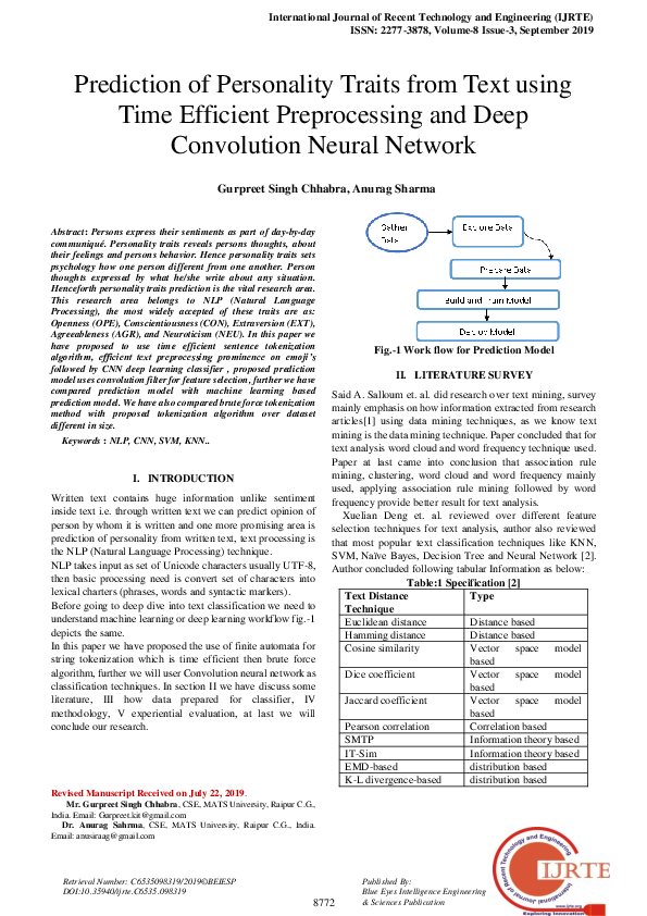 Pdf Prediction Of Personality Traits From Text Using Time Efficient