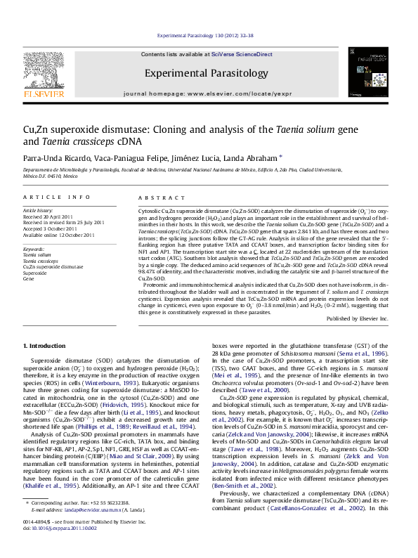 (PDF) Cu,Zn superoxide dismutase: Cloning and analysis of the Taenia ...