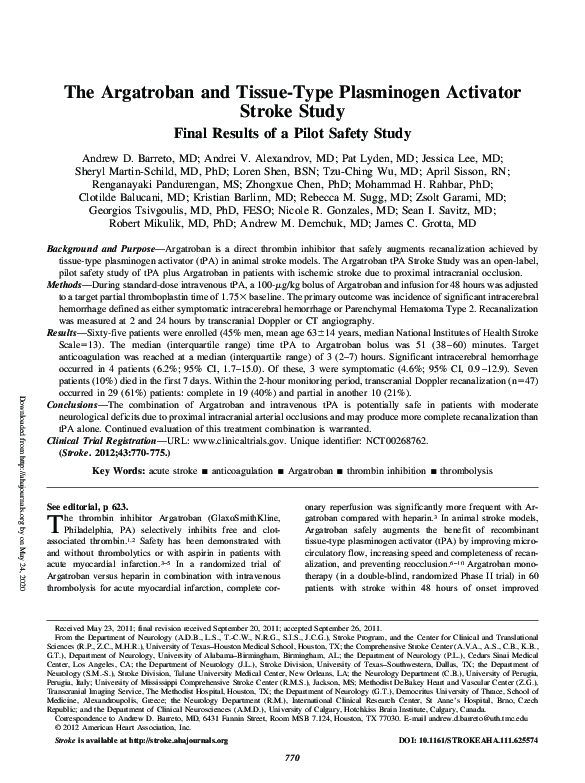 (PDF) The Argatroban and Tissue-Type Plasminogen Activator Stroke Study ...