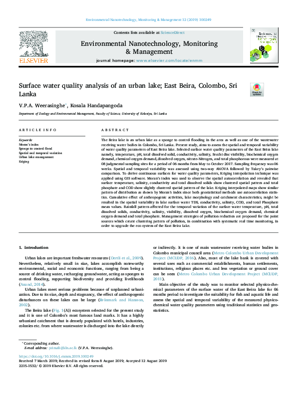 (PDF) Surface water quality analysis of an urban lake; East Beira ...