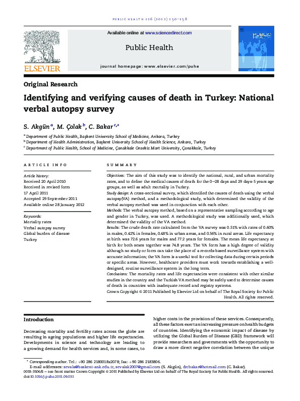(PDF) Identifying and verifying causes of death in Turkey: National ...