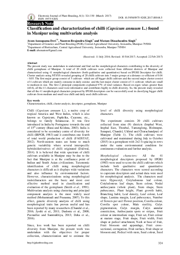 (PDF) Classification and characterization of chilli (Capsicum annuum L.) found in Manipur using ...