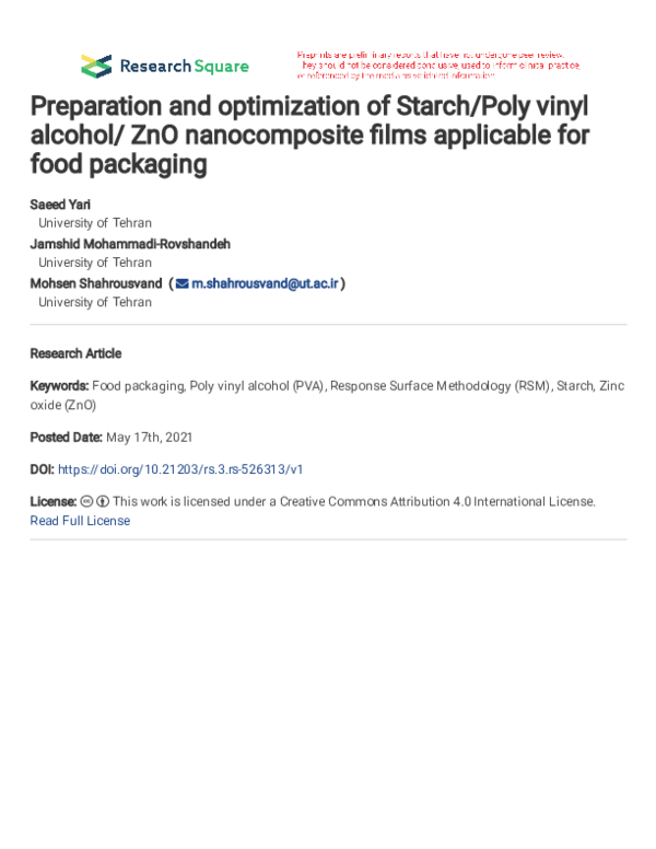 (PDF) Preparation and Optimization of Starch/Poly Vinyl Alcohol/ZnO ...