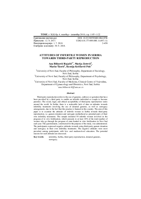 (PDF) Attitudes of Infertile Women in Serbia Towards Third-Party Reproduction