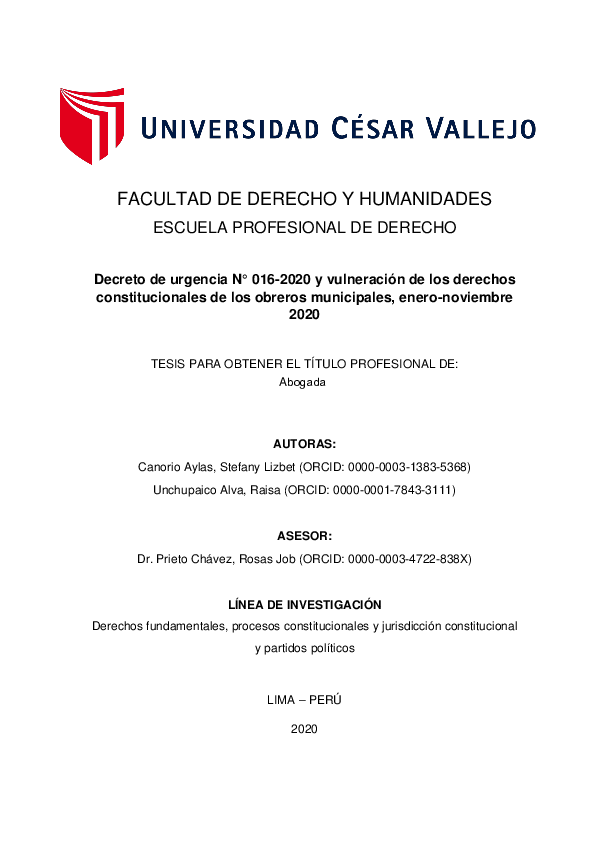 (PDF) Decreto de urgencia N° 016-2020 y vulneración de los derechos constitucionales de los ...