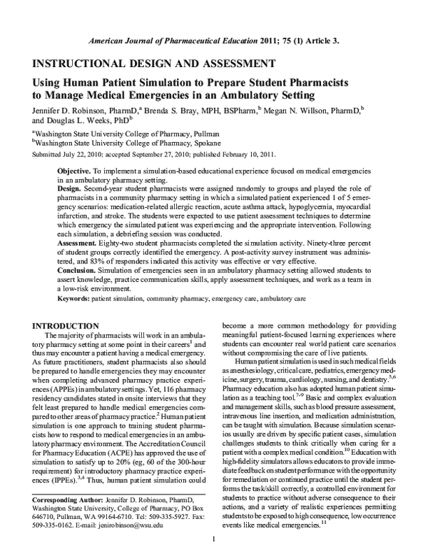 (PDF) Using Human Patient Simulation to Prepare Student Pharmacists to Manage Medical ...