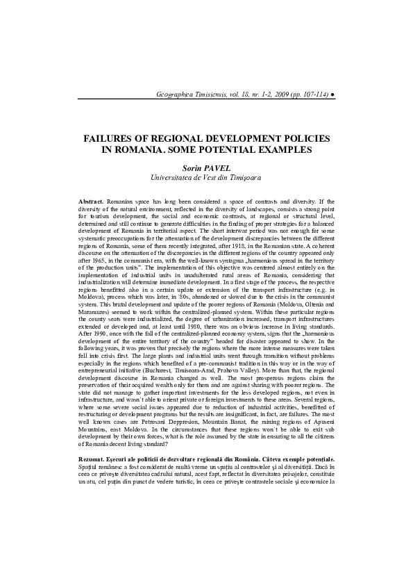 (PDF) Failures of Regional Development Policies in Romania. Some ...