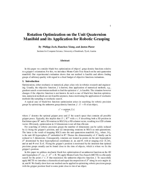 (PDF) Rotation Optimization on the Unit Quaternion Manifold and its Application for Robotic Grasping