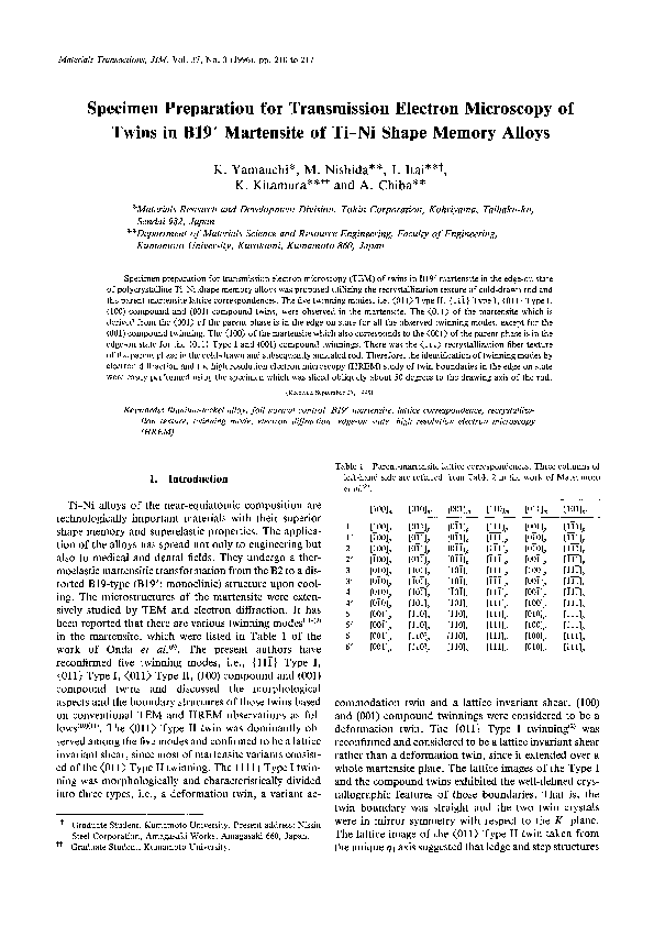 (PDF) Specimen Preparation for Transmission Electron Microscopy of Twins in B19′ Martensite of ...