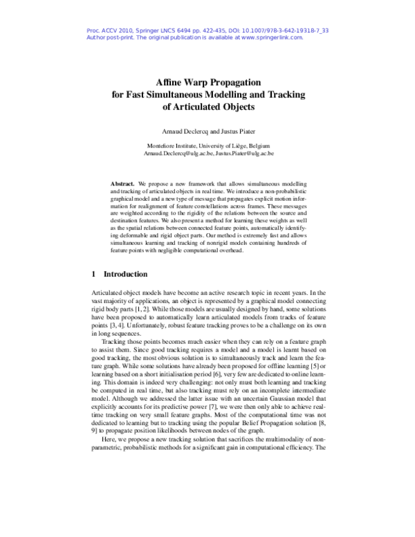 Pdf Affine Warp Propagation For Fast Simultaneous Modelling And Tracking Of Articulated Objects
