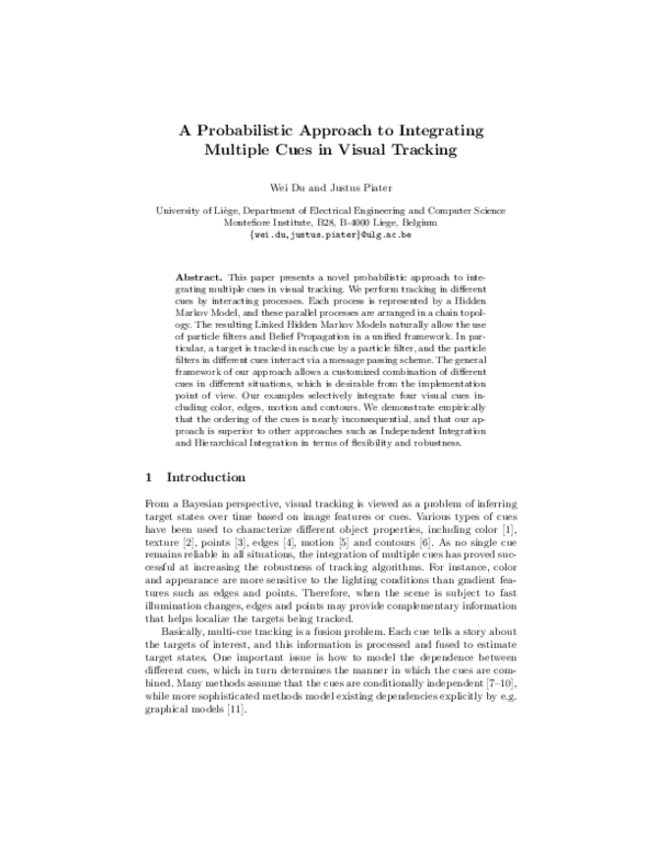 (PDF) A Probabilistic Approach to Integrating Multiple Cues in Visual Tracking