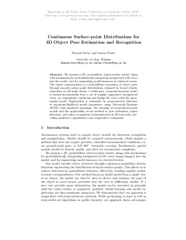 Pdf Continuous Surface Point Distributions For 3d Object Pose Estimation And Recognition