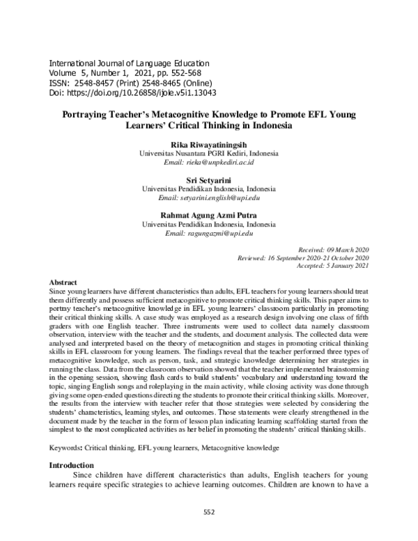 (PDF) Teacher Metacognitive Knowledge and EFL Critical Thinking in Indonesia