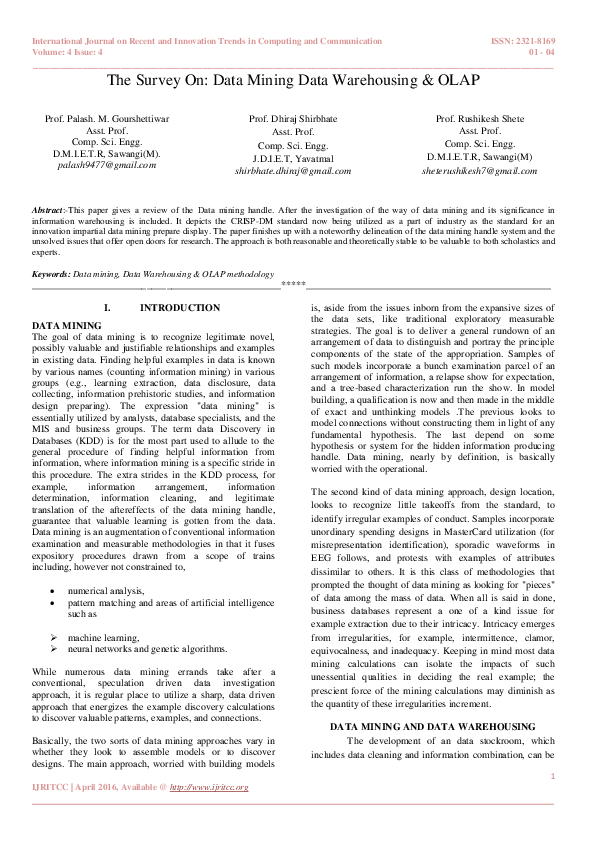 (PDF) The Survey On: Data Mining Data Warehousing & OLAP