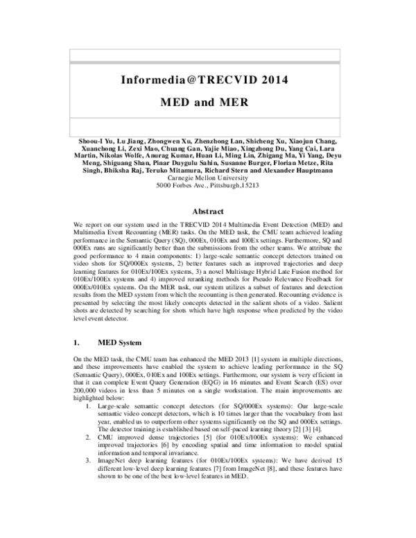 (PDF) Informedia@ TRECVID 2014 MED and MER