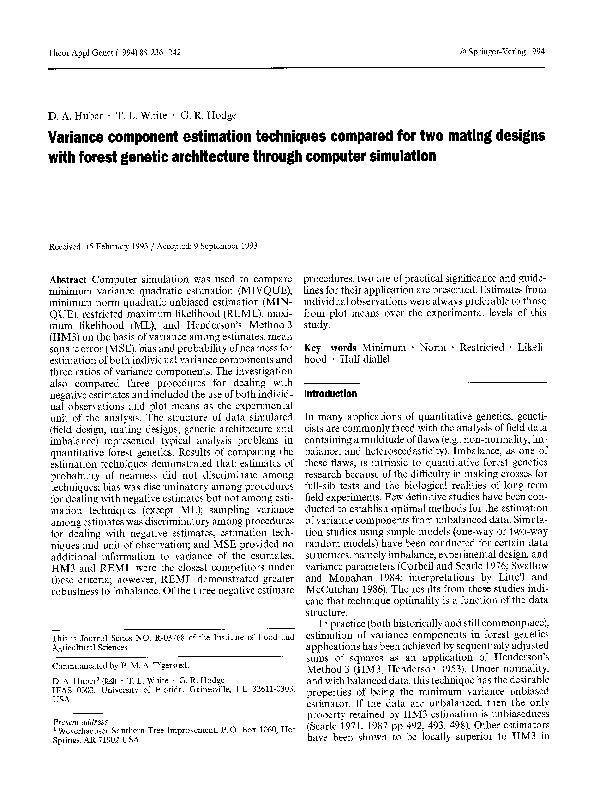 Pdf Variance Component Estimation Techniques Compared For Two Mating Designs With Forest